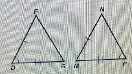 In the triangles below, DF \cong MN , DG \cong MP , and \angle D \cong ...