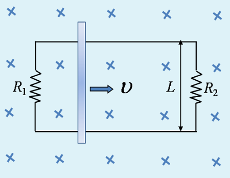 A metallic rod with no resistance slips on a rail with two resistors ...