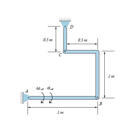 Link AB has the angular velocity \omega_{AB} = 2 rad/s and angular acceleration \alpha_{AB} = 5 ...