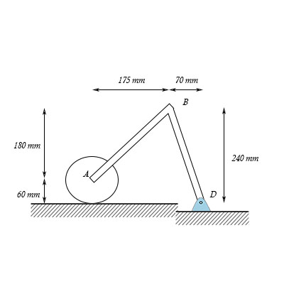 A 60 mm radius wheel is connected to a fixed support D by two links AB ...