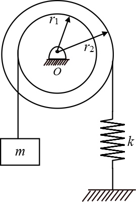 The double pulley system below has an inner radius of r1 and an outer ...