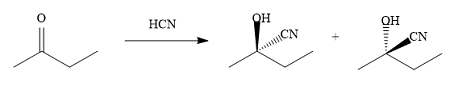 Reaction of butan-2-one with HCN yields a cyanohydrin product (R2C(OH ...