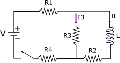 A circuit is constructed with four resistors, one inductor, one battery ...