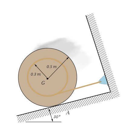 The spool has a mass of 64 kg and a radius of gyration k_G = 0.3m. If ...