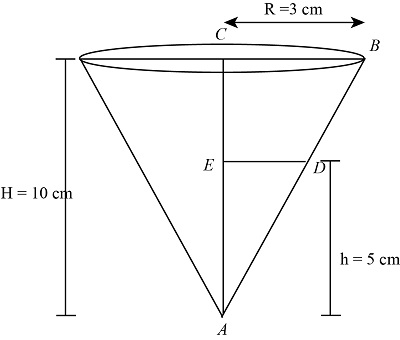 A paper cup has the shape of a cone with a height 10 cm and a radius 3 ...