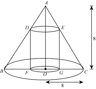 A cylinder is inscribed in a right circular cone of height 8 and radius ...