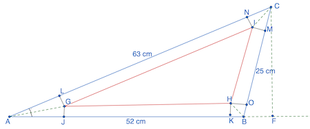 A triangle with sides of 25 \ cm, 52 \ cm and 63 \ cm has a second ...