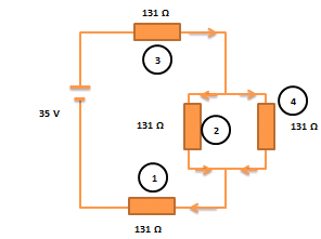 Four identical bulbs, each with a filament resistance of 131 \space ...