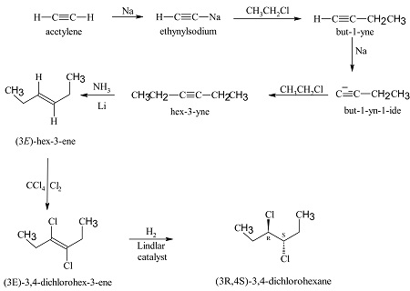 Devise a synthesis of (3R, 4S)-3,4-dichlorohexane from acetylene and ...