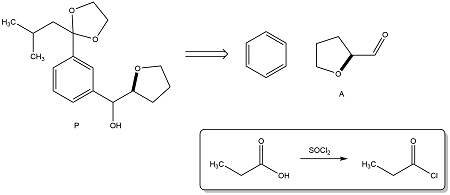 Provide a synthesis of P from benzene, aldehyde A, and other reagents ...