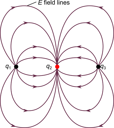 The electric field lines surrounding three charges are shown in the ...