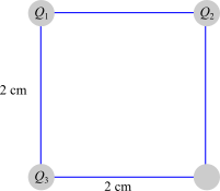Three charges Q1 = -7.4 nC, Q2 = Q3 = +12.5 nC are placed on the ...