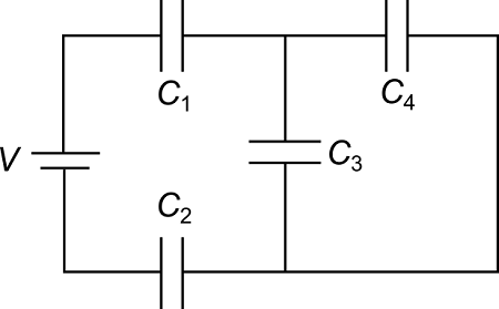 In the figure, V = 6.5 V, C1 = C2 = 31 mu F, and C3 = C4 = 17 mu F ...