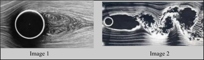 Images 1 and 2 show two different flows around a cylinder. Explain what ...