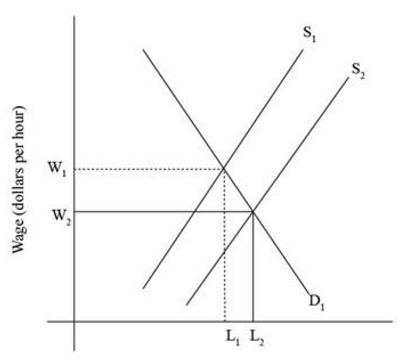 Consider the labor market illustrated in the figure below, where the ...