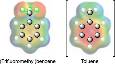 An electrostatic potential map of (trifluoromethyl) benzene, C6H5CF3 ...