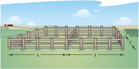 A rancher has 560\ \text{feet} of fencing with which to enclose two ...