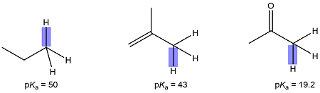 The pKa of three CH bonds is given below. Explain the observed trend in ...