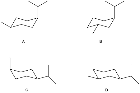 Considering the given compounds A-D. Draw B as a hexagon with wedges ...