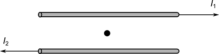 Two wires carry equal currents in opposite directions, as seen in the ...