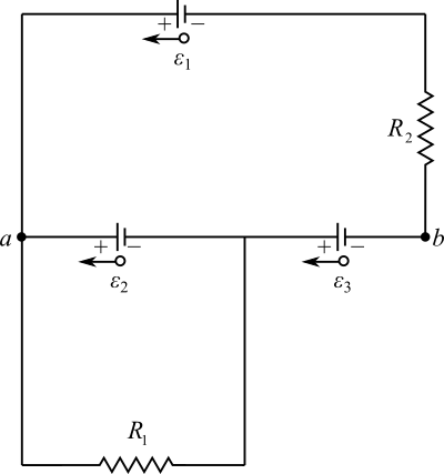 The figure shows R1 = 100 ohms, R2 = 50 ohms, and the ideal batteries ...