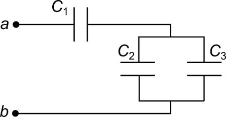 Three capacitors, with capacitances C1 = 4.0 mu F, C2 = 3.0 mu F, and ...
