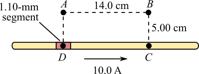 A straight wire carries a 25.0 A current. ABCD is a rectangle with ...