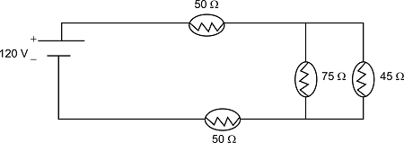 Find the current going through the 50 ohms light bulbs, in the circuit ...