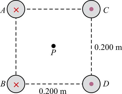 Four long, parallel conductors carry equal currents of I = 3.90 A. The ...