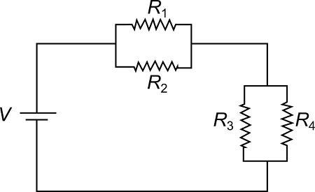 If R1 = 10 ohms, R2 = 30 ohms, R3 = 40 ohms, R4 = 60 ohms; V = 184 V ...