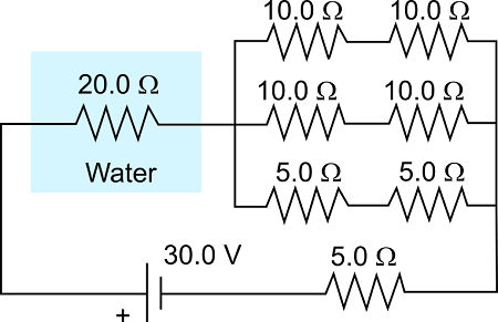 In the circuit in the figure, a 20-ohm resistor sits inside 102 g of ...