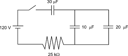 A three-capacitor system is charged by a 120 V battery through a 25.0 k ...