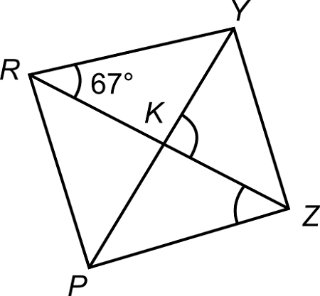 PRYZ is a rhombus. If RK = 5, RY = 13 and m angle YRZ = 67, find each ...