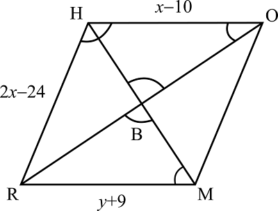 Given RHOM is a rhombus, m\angleRHO =106 degrees. Find each of the ...