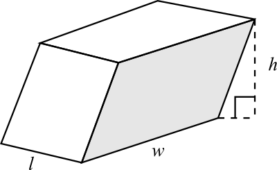 Determine the volume for the tilted prism if the dimensions are l = 43 ...