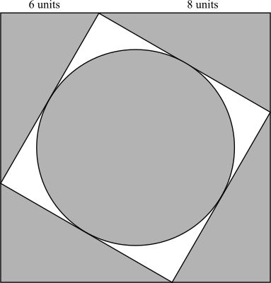 Find the area of the shaded region. The shapes are squares and a circle ...