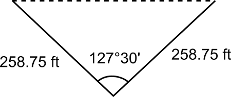 A memorial is V-shaped with equal sides of length 258.75 ft. The angle ...