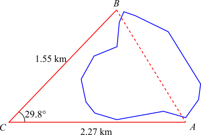 To find the distance across a small lake, a surveyor has taken the ...
