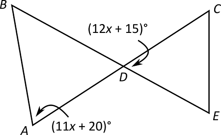 Given angle, A is approximately equal to angle BDA. Prove x = 5 ...
