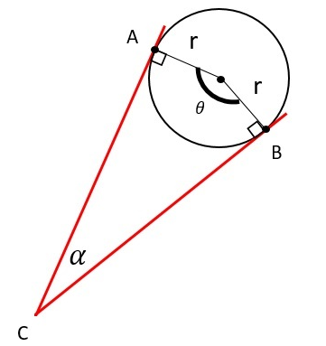 Determine the arc angle between the tangents AC and BC if \theta = 159 ...