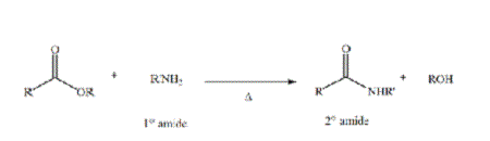 Primary amines react with esters to yield amides: RCO_2R' + R"NH_2 \to RCONHR" + R"OH. Propose a ...