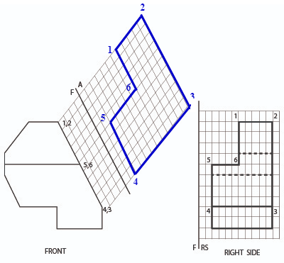 The complete FRONT and RIGHT SIDE views are given. Using the fold lines to measure, draw the ...