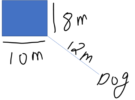 A dog tied to the corner of a barn by a 12-meter rope. The barn's ...