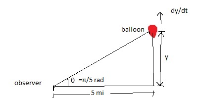 A hot air balloon rising vertically is tracked by an observer located 5 ...