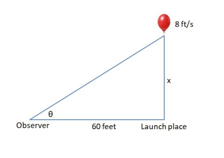 A balloon rises at a rate of 8 ft/sec from a point on the ground 60 ...