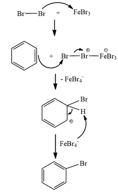 Show the mechanism for the reaction of benzene with Br_2 and FeBr_3 ...