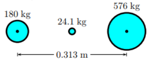 1. Objects with masses of 180 kg and 576 kg are separated by 0.313 m. A ...