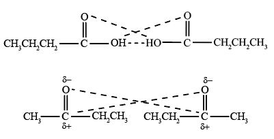 Draw a molecular representation that shows why butanoic acid boils at a ...
