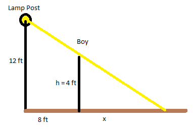 A growing boy who is 4 feet tall stands 8 feet from a 12 foot lamp post ...