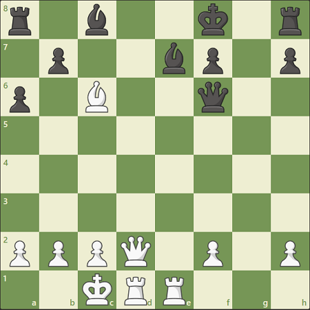 Chess: white: K-c1:R-d1:R-e1; Q-d2; pawns; a2,b2,c2,f2,h2;B-c6; Black ...